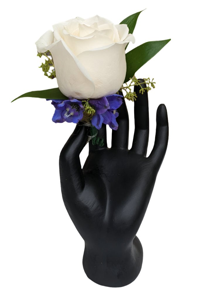 Delphinium and Rose Boutonniere | Kremp Florist